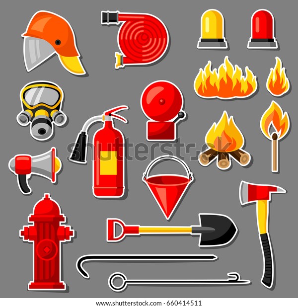 Conjunto de stickers para la lucha contra incendios. Equipo de ...
