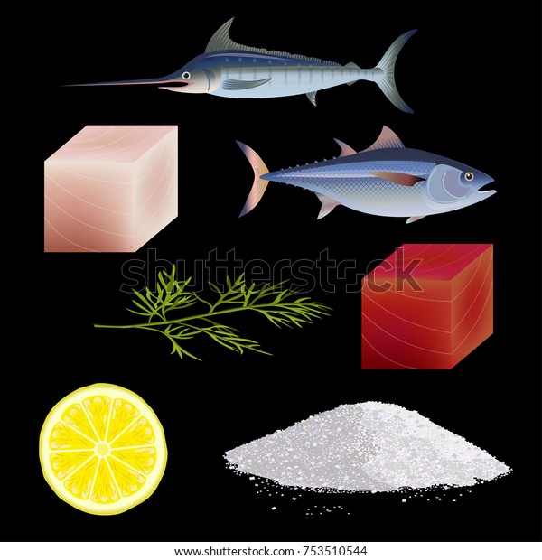 Set Fish Meat Tuna Marlin Along Stock Vector (Royalty Free) 753510544 ...