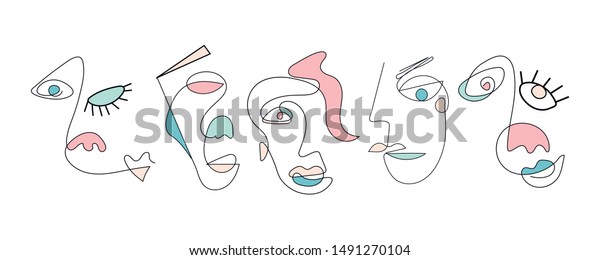 Set Five Abstract Face One Line Stock Vector Royalty Free 1491270104