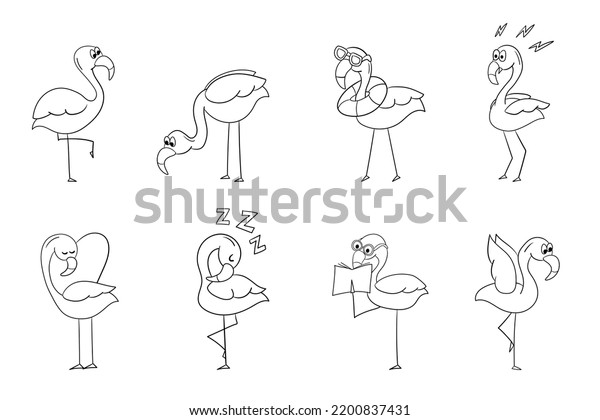 Set Flamingos Outline Vector Cartoon Illustration Stock Vector (Royalty ...