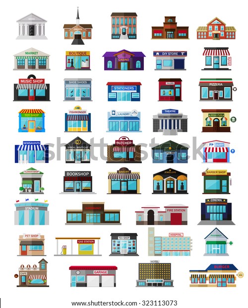 Set Flat City Buildingss Shops Vector Stock Vector (Royalty Free) 323113073