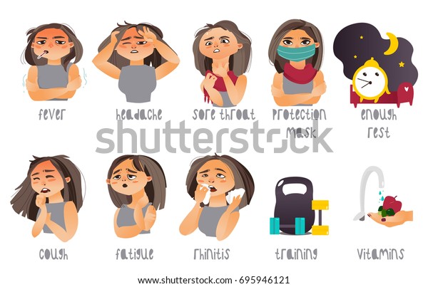 Set Flu Influenza Symptoms Curing Headache 库存矢量图（免版税）695946121