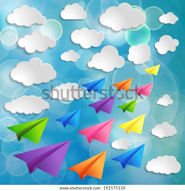 Set of flying colorful paper airplanes with clouds on the blue blurred ...