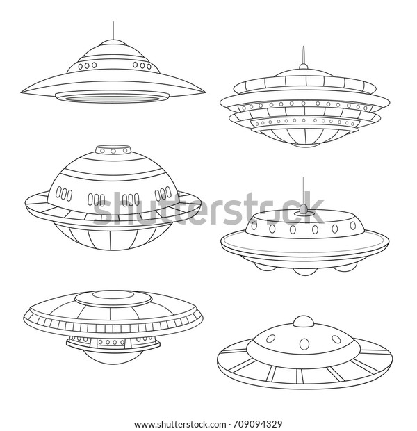 Set Flying Saucers Lineart White Background Stock Vector (Royalty Free ...