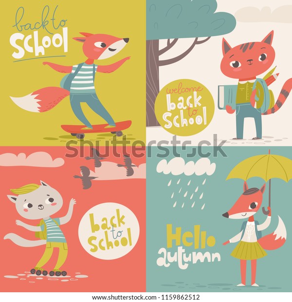 Set Foue Welcome Back School Vector Stock Vector (Royalty Free ...