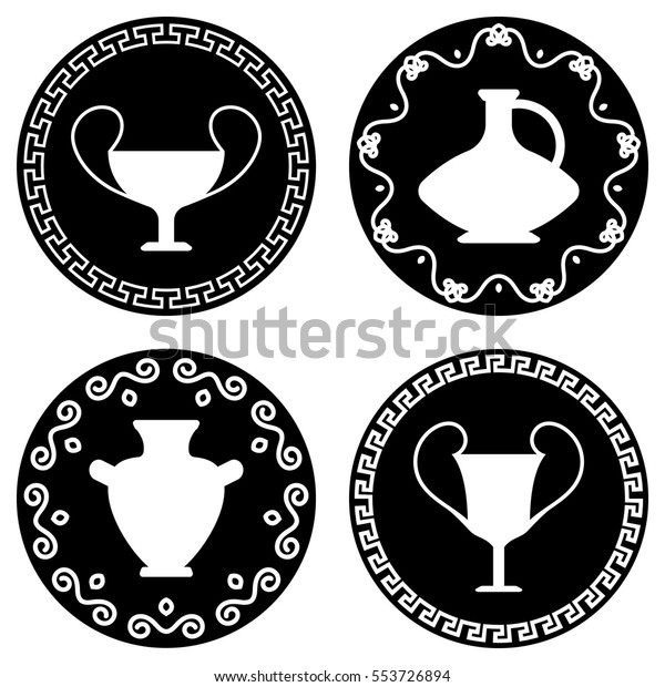 Set of four ancient logos with greek antiquity vases. Vector greek flat ...