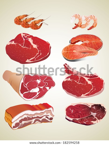 Set Fresh Meat Fish Seafood: เวกเตอร์สต็อก (ปลอดค่าลิขสิทธิ์) 182594258 ...