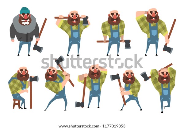 Set Funny Bald Lumberjack Different Poses Stock Vector (Royalty Free ...