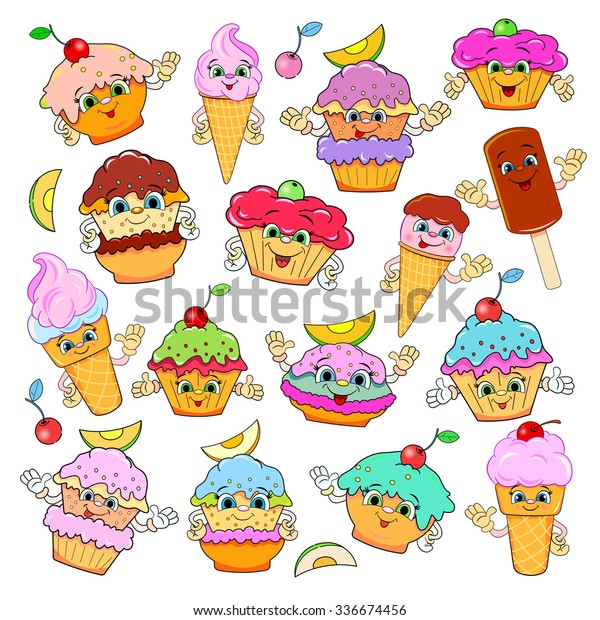 Set Funny Cartoon Cakes Ice Cream Stock Vector (Royalty Free) 336674456 ...