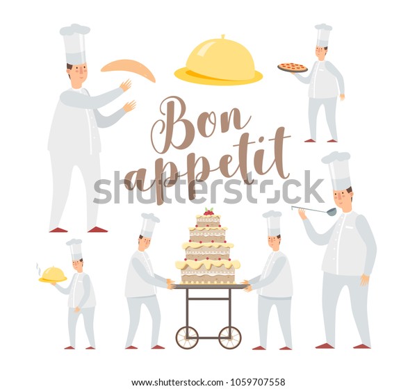 Set of funny cartoon chefs in different poses. Confectioners are driven ...