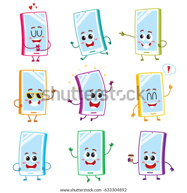 Set Funny Cartoon Mobile Phone Smartphone Stock Vector (Royalty Free ...