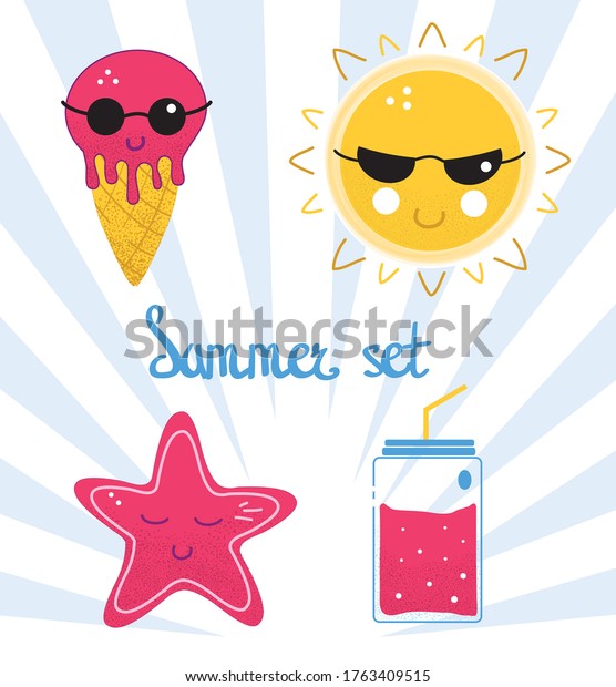 Set Funny Cartoon Summer Characters Sun Stock Vector (Royalty Free ...