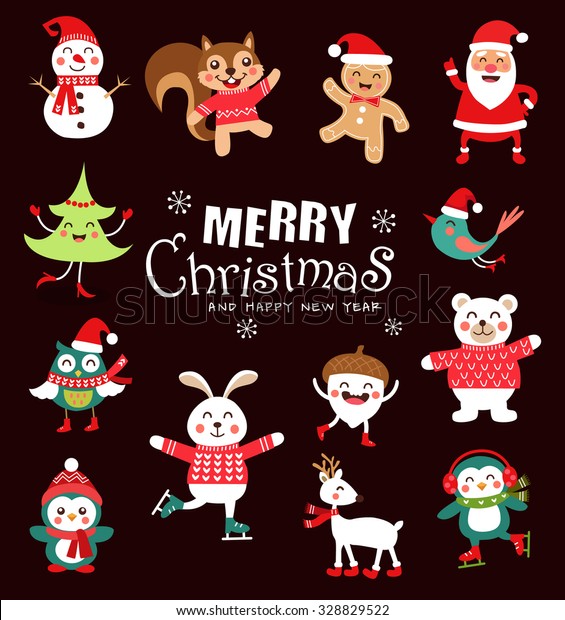 Set Funny Christmas Characters Cute Animals Stock Vector (Royalty Free ...