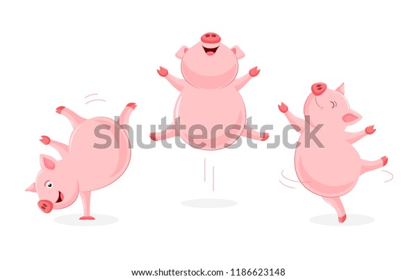 Set Funny Cute Cartoon Pig Dancing Stock Vector (Royalty Free ...