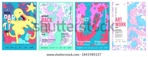 Set Funny Posters Cartoonstyle Backgrounds Colored Stok Vektör ...