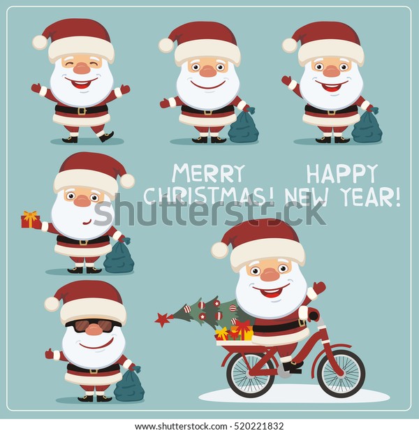 Set of funny Santa Claus in different poses in cartoon style. Merry ...