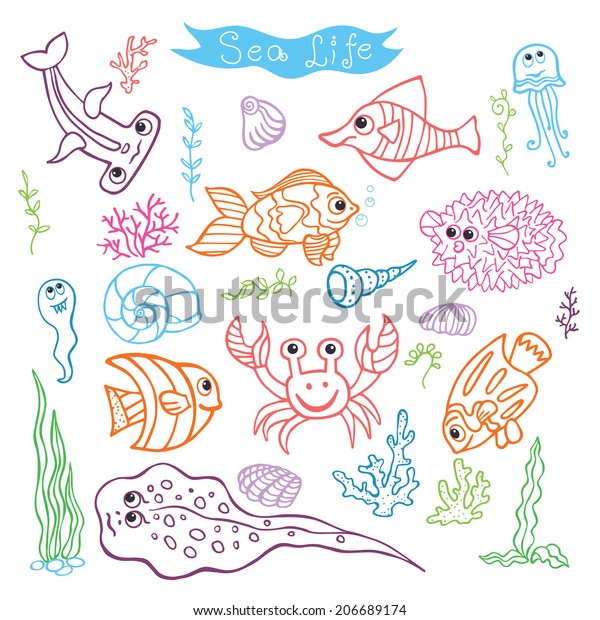 Set Funny Sea Life Fishcorals Crabshellseaweedcolored Stock Vector ...