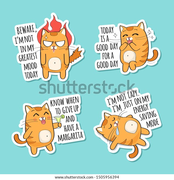 Set Funny Stickers Cute Red Cat Stock Vector (Royalty Free) 1505956394