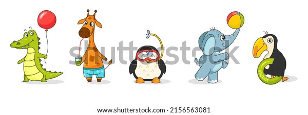 Set Funny Summer Cartoon Animals Crocodile Stock Vector (Royalty Free ...
