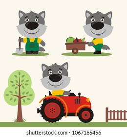 Set Funny Wolf Farmer Working On Stock Vector (Royalty Free) 1067165456 ...