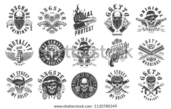 Set of gangster emblems in monochrome style. Vector illustration