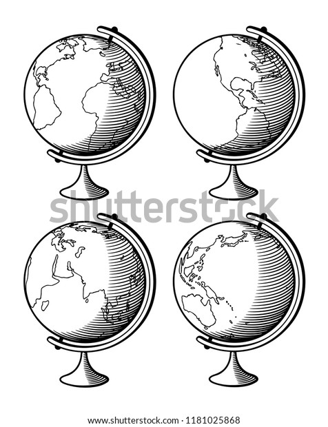 Set Globes Retrostyle Outline Vector Illustration Stock Vector (Royalty ...