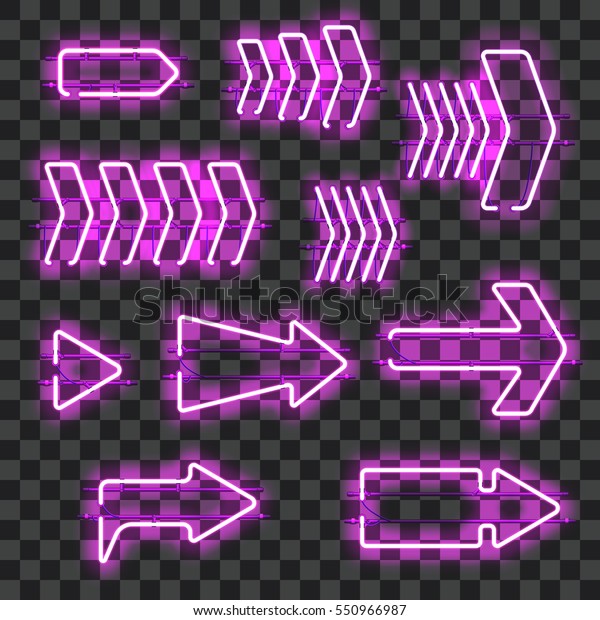 Conjunto de flechas de neón morado brillantes aisladas sobre fondo ...