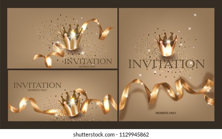Set Gold Vip Invitation Cards Sparkling Stock Vector (Royalty Free ...
