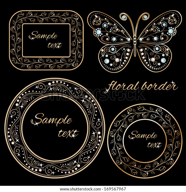 Set Golden Floral Borders Frame Glamour: vector de stock (libre de ...