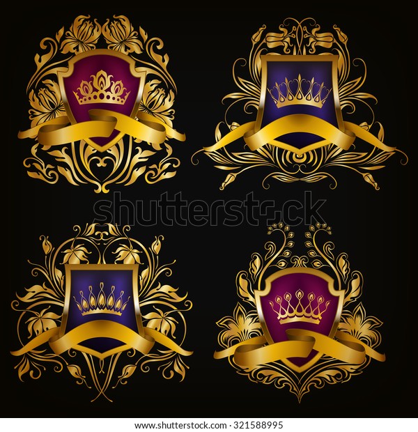 Set Golden Royal Shields Graphic Design Stock Vector Royalty Free