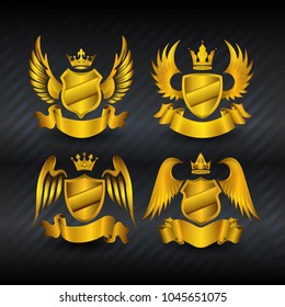 Set Golden Royal Shields Wings Shield Stock Vector (Royalty Free ...