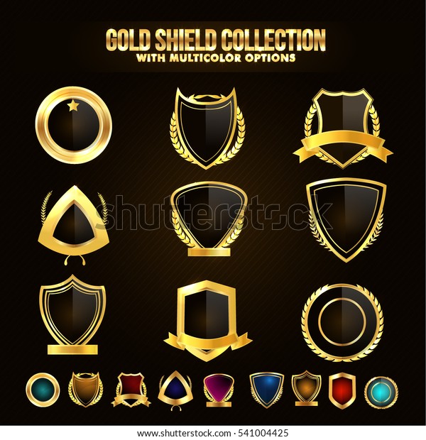 Set Golden Shield Stickers Labels Ribbons Stock Vector (Royalty Free ...
