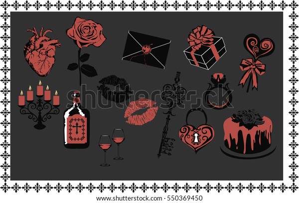 Set Gothic Romantic Icons Valentines Day Stock Vector (Royalty Free ...