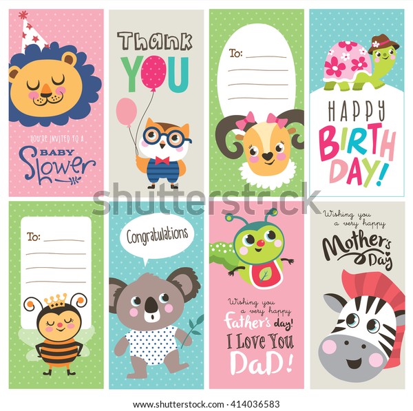 Set Greeting Cards Cute Cartoon Animals Stock Vector (Royalty Free ...
