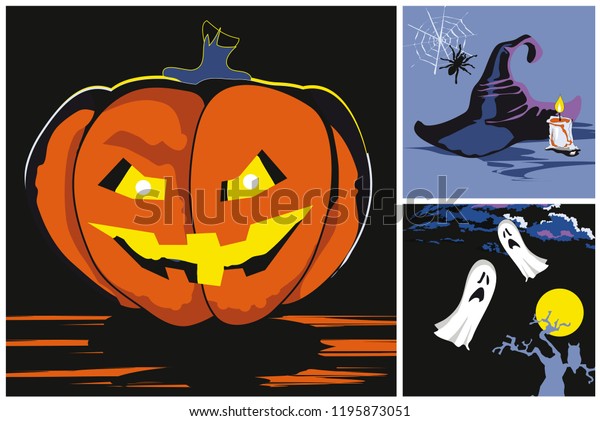 Set Halloween Backgrounds Pumpkin Ghost Spider Stock Vector (Royalty ...