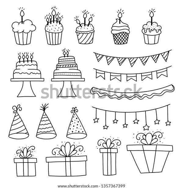 Set Hand Drawn Birthday Doodles Stock Vector (Royalty Free) 1357367399 ...