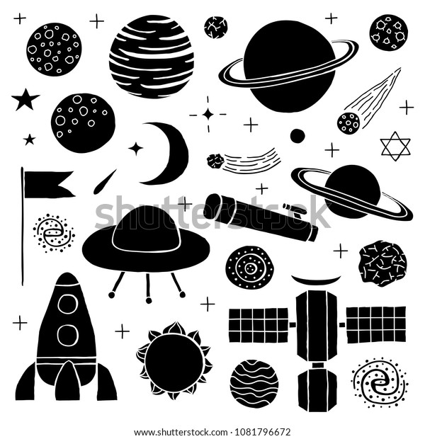 Set Hand Drawn Black Space Items Stock Vector (Royalty Free) 1081796672 ...