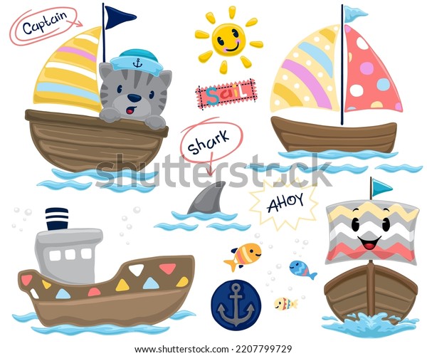 Set Hand Drawn Boat Cartoon Colorful Stock Vector (Royalty Free ...