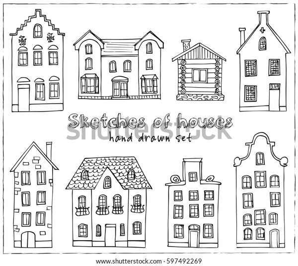 Set Hand Drawn Buildings Isolated Vector: เวกเตอร์สต็อก (ปลอดค่า ...
