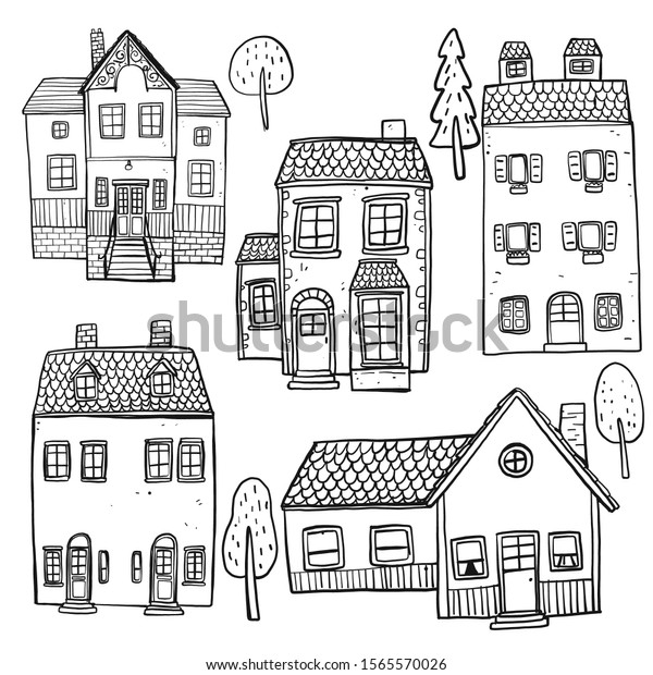 Set Hand Drawn Buildings Vector Illustration Stock Vector (Royalty Free ...