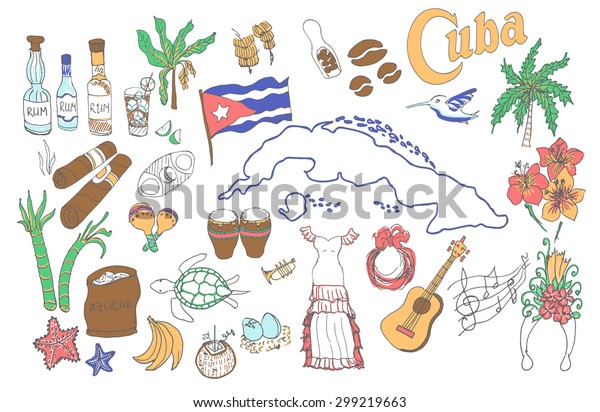 Set Hand Drawn Cuba Icons Cuban Stock Vector (Royalty Free) 299219663