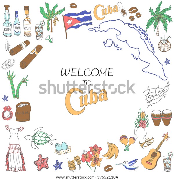 Set Hand Drawn Cuba Icons Cuban Stock Vector (Royalty Free) 396521104