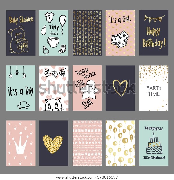 Set Hand Drawn Cute Cards Gold Stock Vector (Royalty Free) 373015597