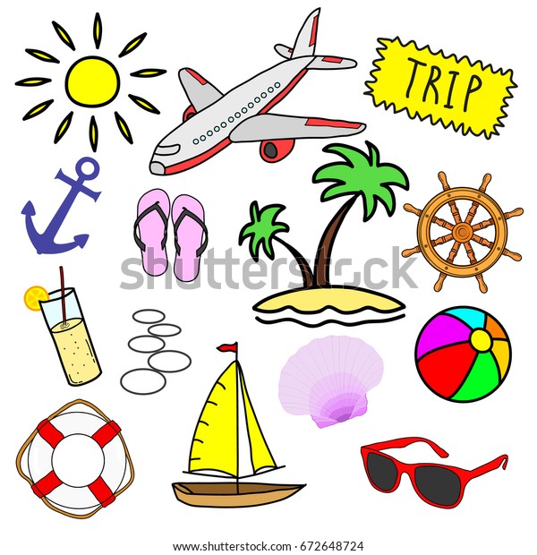 Set Hand Drawn Cute Cartoon Travel Stock Vector (Royalty Free) 672648724