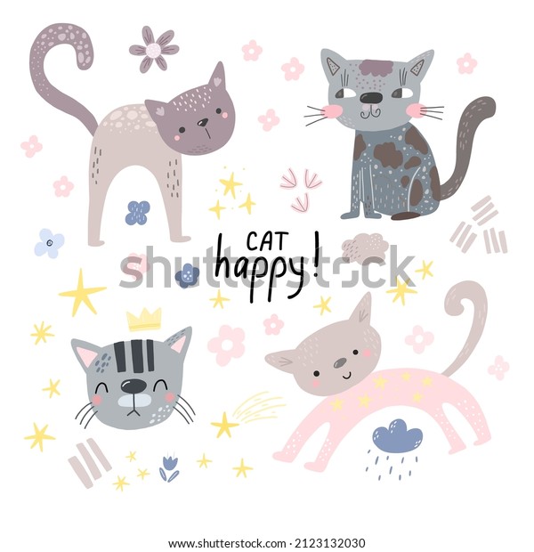 Set Hand Drawn Cute Cats Vector Stock Vector (Royalty Free) 2123132030 ...