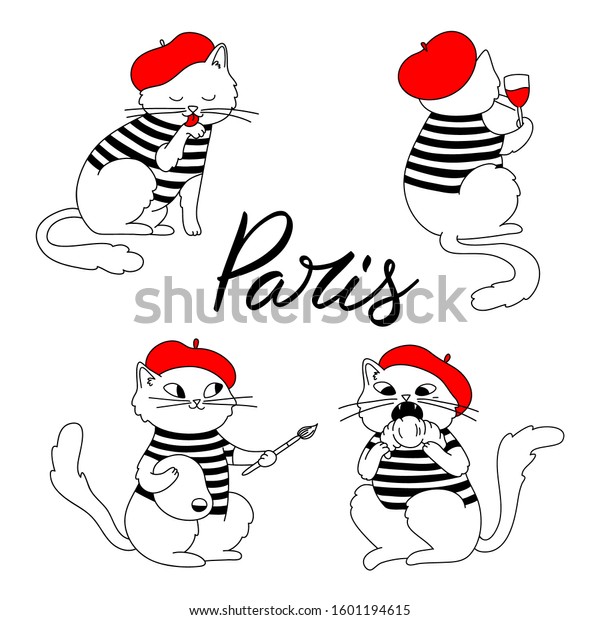 Set Hand Drawn Cute Paris Cat: vector de stock (libre de regalías ...