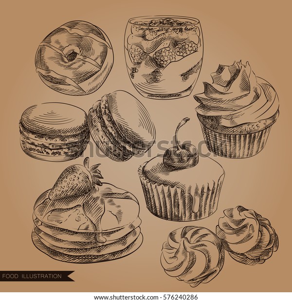 Set Hand Drawn Desserts Vintage Style Stock Vector (Royalty Free) 576240286