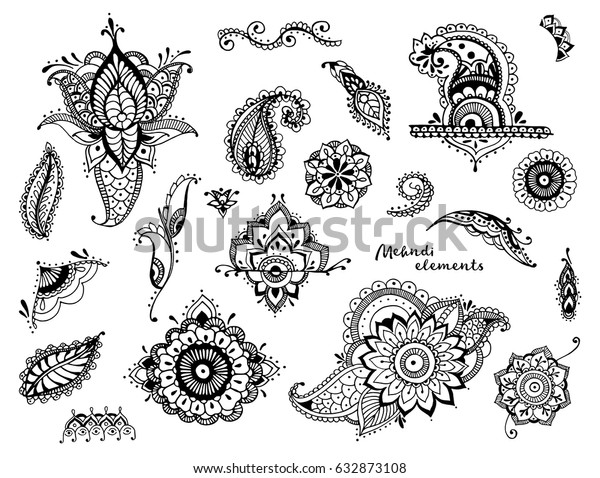 Set Hand Drawn Different Mehndi Elements Stock Vector (Royalty Free ...