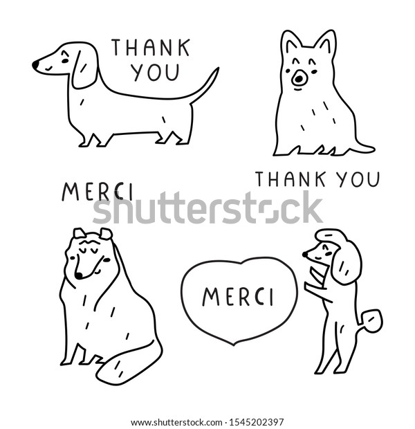 Set of hand drawn dogs with words thank you and merci. Vector outline ...