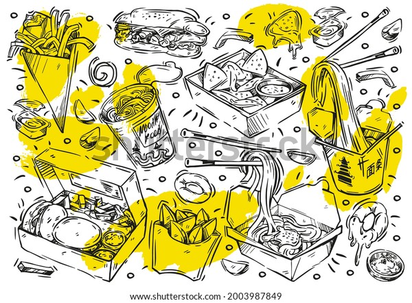 Set Hand Drawn Food Boxes Isolated Stock Vector (Royalty Free ...